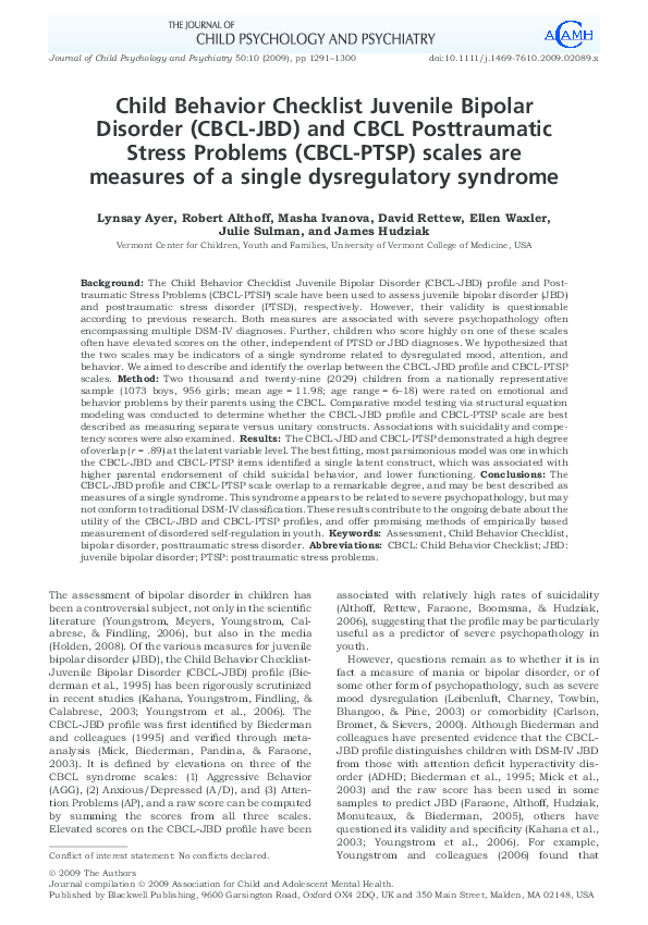 (PDF) Child Behavior Checklist Juvenile Bipolar Disorder (CBCL-JBD) and ...