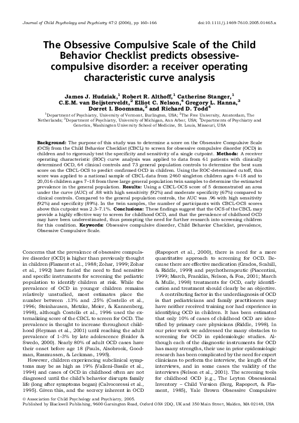 (PDF) The Obsessive Compulsive Scale of the Child Behavior Checklist ...
