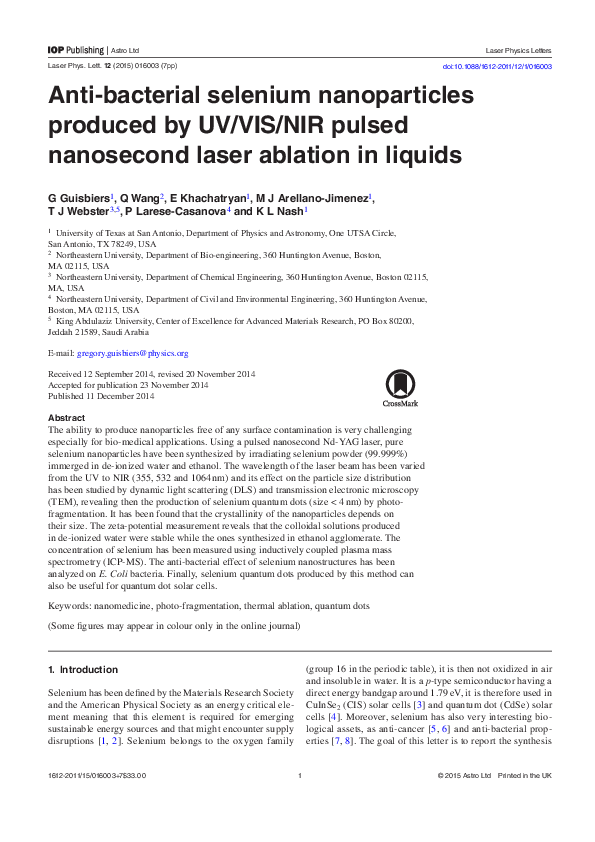 (PDF) Anti-bacterial selenium nanoparticles produced by UV/VIS/NIR ...