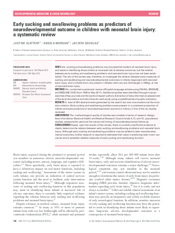 (PDF) Early sucking and swallowing problems as predictors of ...