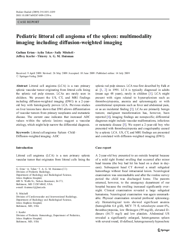 (PDF) Pediatric littoral cell angioma of the spleen: multimodality ...