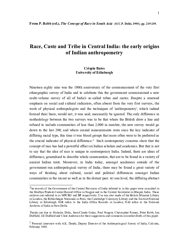 (PDF) Race, Caste, and Tribe In Central India: the early origins of ...