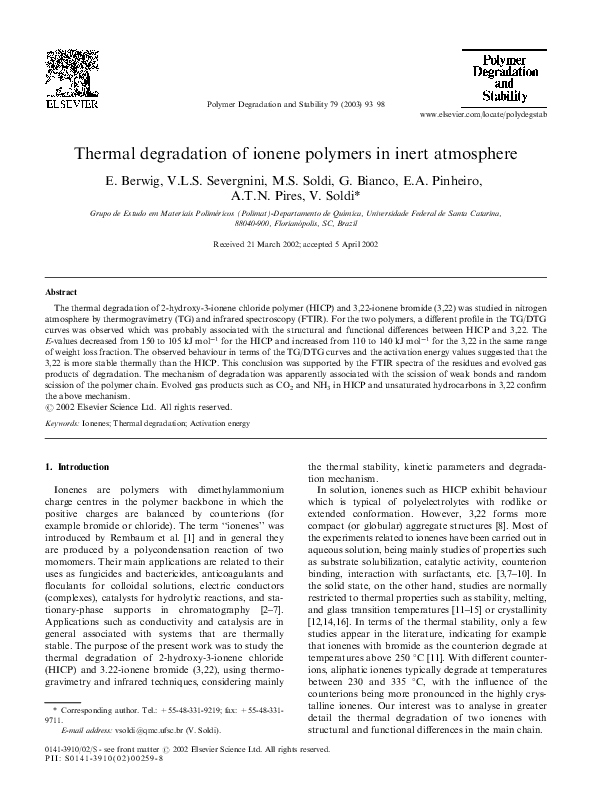(PDF) Thermal degradation of ionene polymers in inert atmosphere