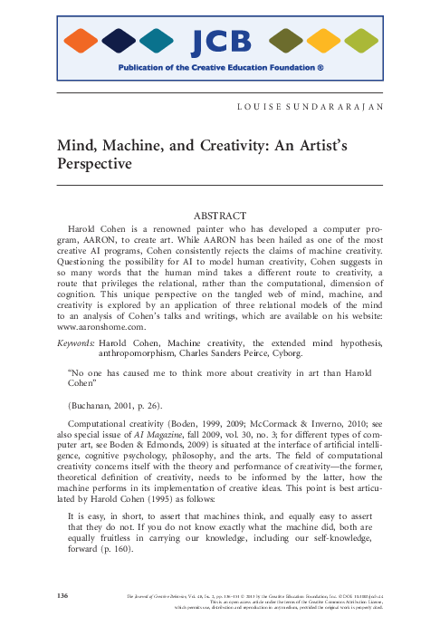 (PDF) Mind, Machine, and Creativity: An Artist's Perspective