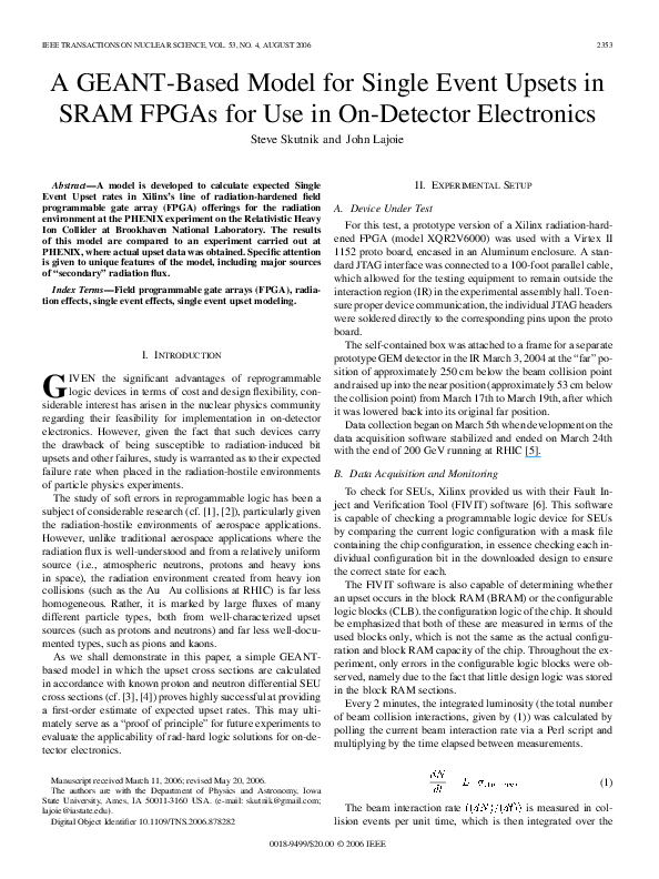 Pdf A Geant Based Model For Single Event Upsets In Sram Fpgas For Use In On Detector Electronics