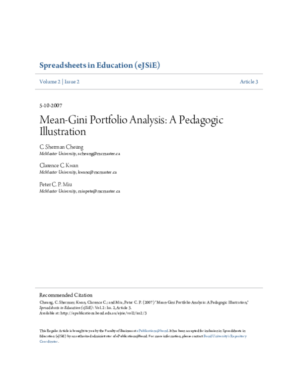 (PDF) Mean-Gini Portfolio Analysis: A Pedagogic Illustration | Peter Miu - Academia.edu