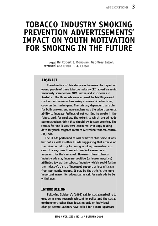 (PDF) Tobacco Industry Smoking Prevention Advertisements' Impact on ...