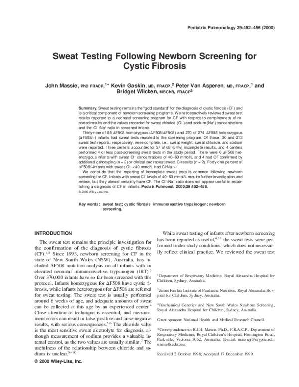 (PDF) Sweat testing following newborn screening for cystic fibrosis