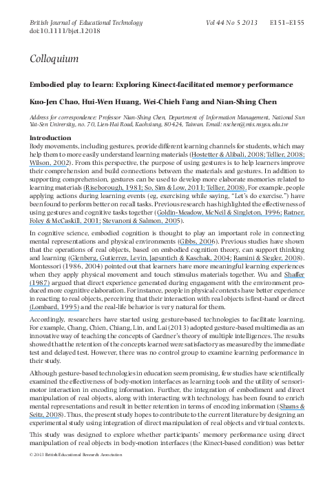 (PDF) Embodied play to learn: Exploring Kinect-facilitated memory performance
