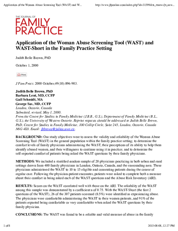 (PDF) Application of the Woman Abuse Screening Tool (WAST) and WAST ...
