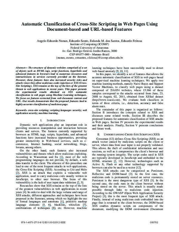 (PDF) Automatic classification of cross-site scripting in web pages using document-based and URL ...