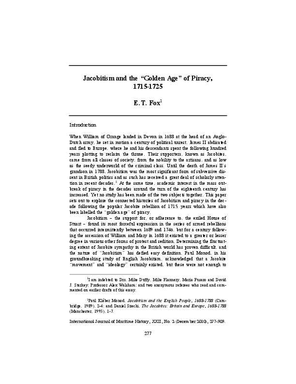 (PDF) Jacobitism and the "Golden Age" of Piracy, 1715-1725