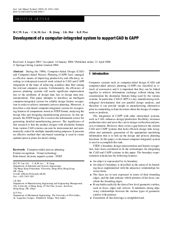 (PDF) Development of a computer-integrated system to support CAD to CAPP