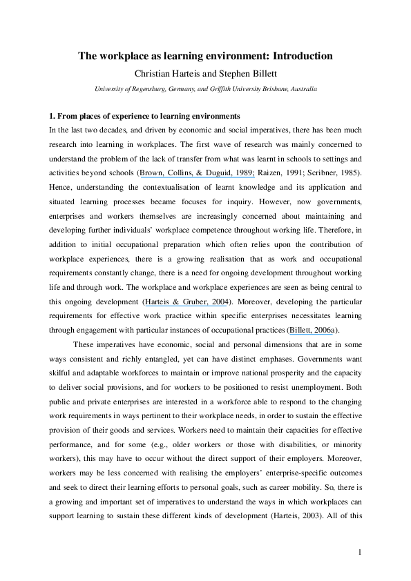 (PDF) The workplace as learning environment: Introduction