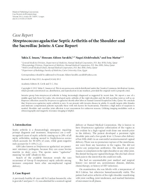 (PDF) Streptococcus agalactiae Septic Arthritis of the Shoulder and the ...