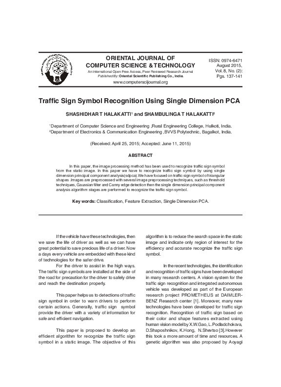 (PDF) Traffic Sign Symbol Recognition Using Single Dimension PCA