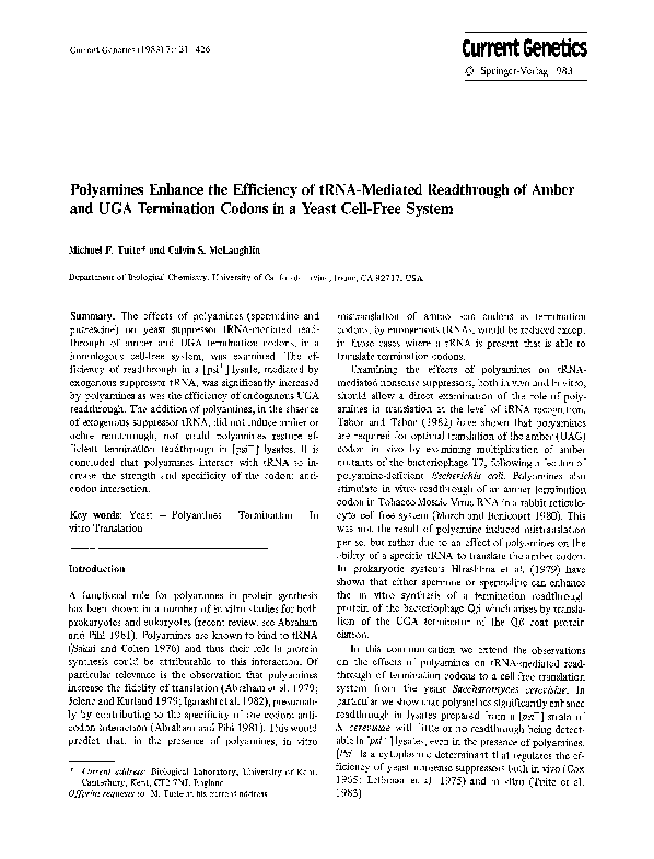 (PDF) Polyamines enhance the efficiency of tRNA-mediated readthrough of ...