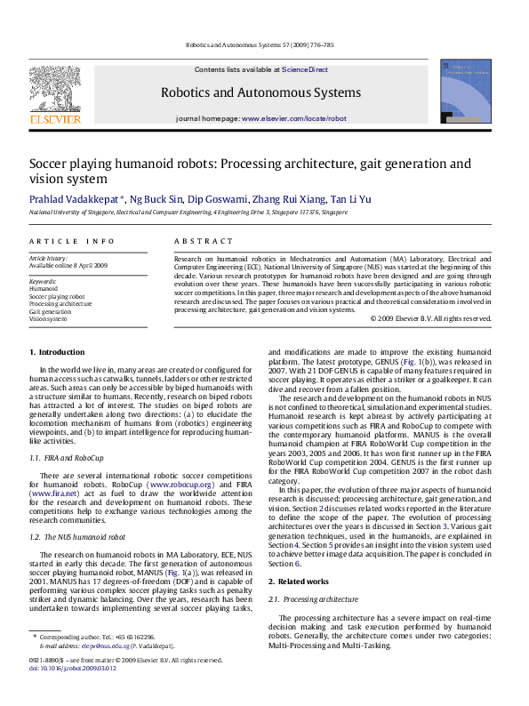 (PDF) Soccer playing humanoid robots: Processing architecture, gait generation and vision system