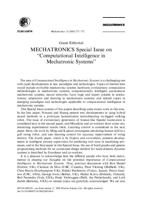 (PDF) MECHATRONICS Special Issue on “Computational Intelligence in Mechatronic Systems”