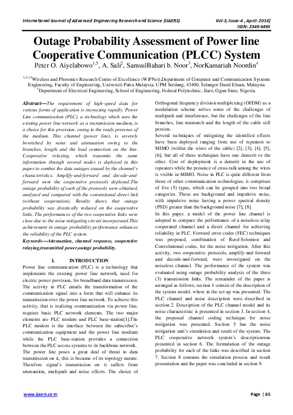 Outage Probability Assessment of Power line Cooperative Communication ...