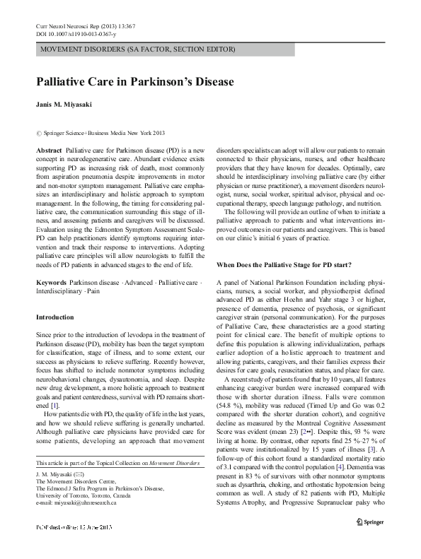 (PDF) Palliative Care in Parkinson’s Disease