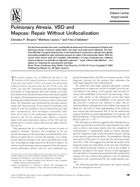 (PDF) Pulmonary atresia, VSD and Mapcas: repair without unifocalization