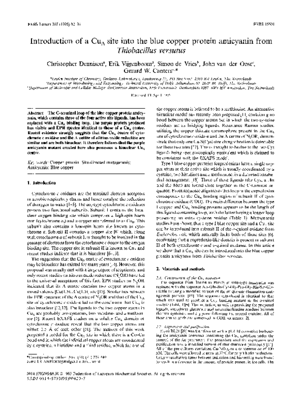(PDF) Introduction of a CuA site into the blue copper protein amicyanin ...