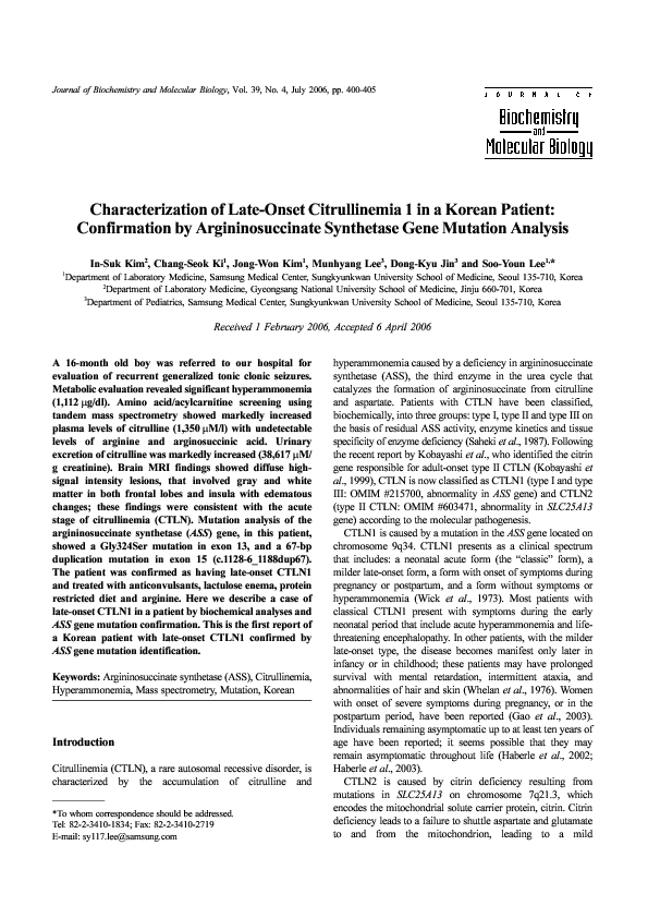 (PDF) Characterization of late-onset citrullinemia 1 in a Korean ...