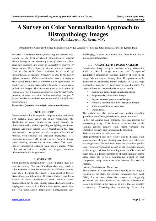 A Survey on Color Normalization Approach to Histopathology Images