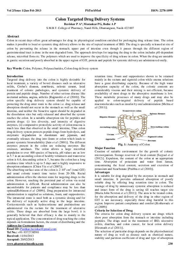 (PDF) Vol 2/Issue 1/ Colon Targeted Drug Delivery Systems