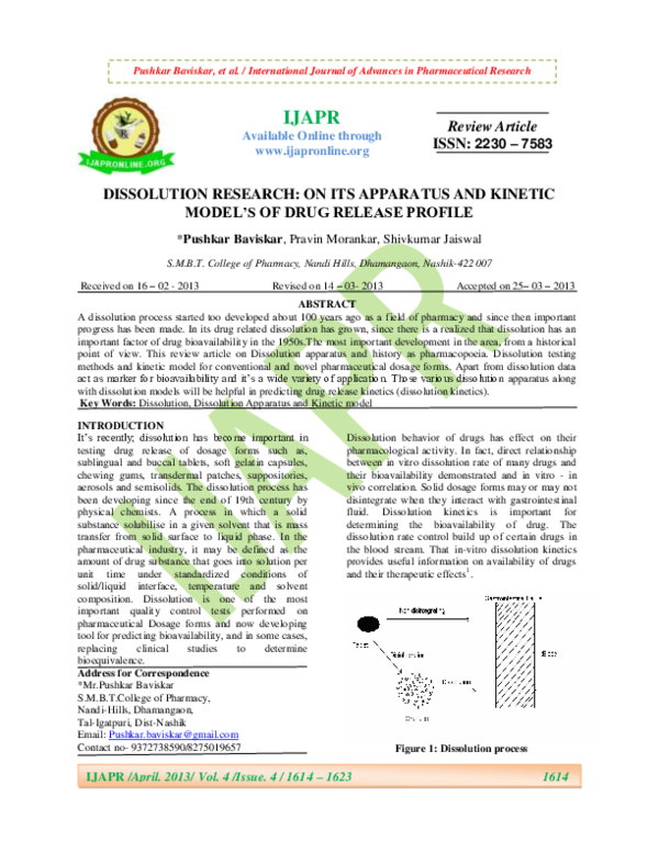 (PDF) DISSOLUTION RESEARCH: ON ITS APPARATUS AND KINETIC MODEL'S OF ...