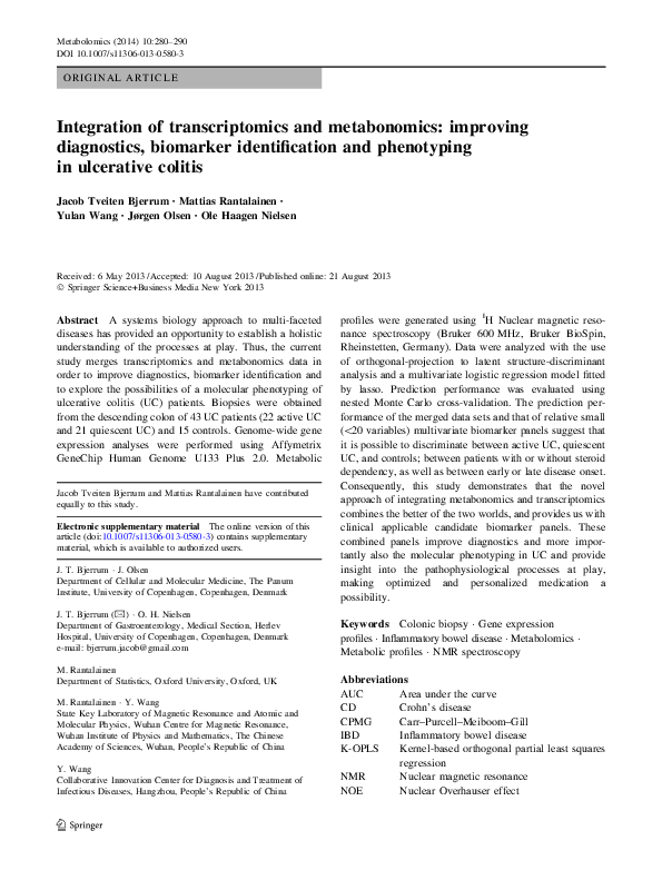 Pdf Integration Of Transcriptomics And Metabonomics Improving