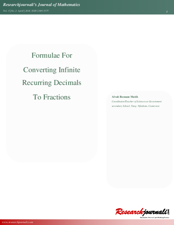 (PDF) FORMULAE FOR CONVERTING INFINITE RECURRING DECIMALS TO FRACTIONS