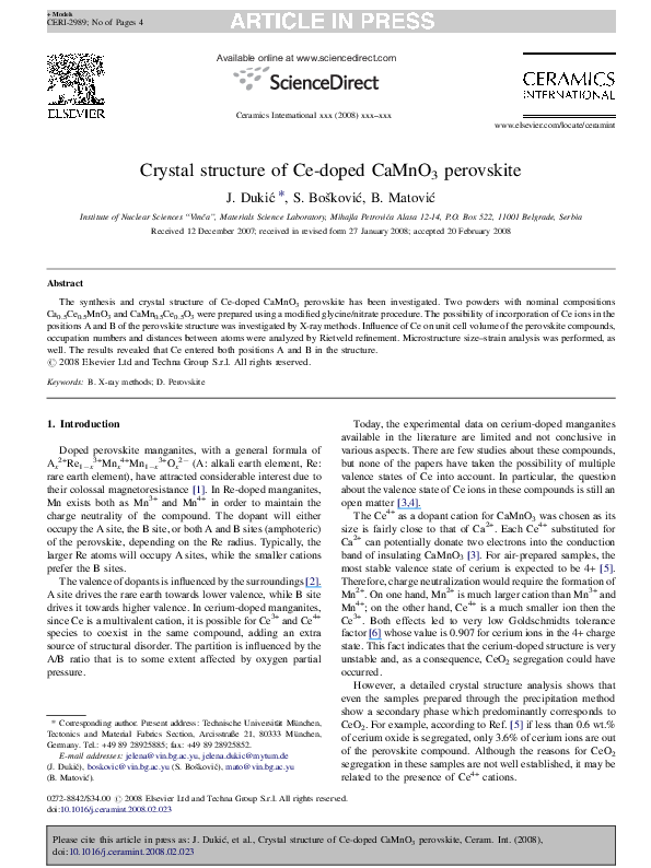 (PDF) Ce-Doped CaMnO3 Perovskite: Synthesis and Structure Analysis