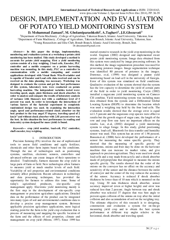Pdf Design Implementation And Evaluation Of Potato Yield Monitoring