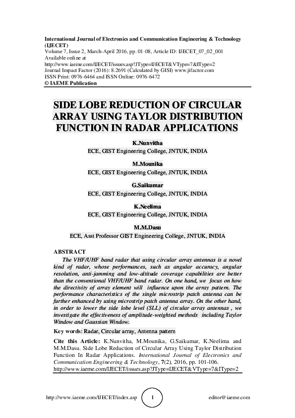 Pdf Side Lobe Reduction Of Circular Array Using Taylor Distribution Function In Radar Applications