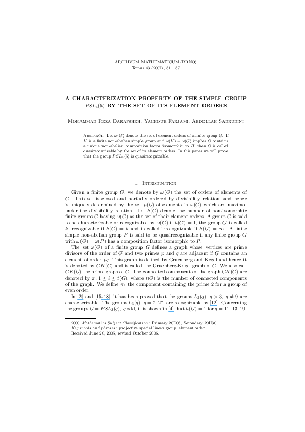 (PDF) A characterization property of the simple group PSL4 (5) by the set of its element orders