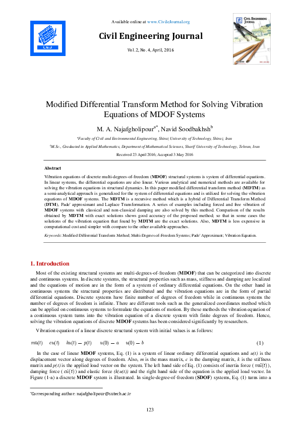 Pdf Modified Differential Transform Method For Solving Vibration Equations Of Mdof Systems