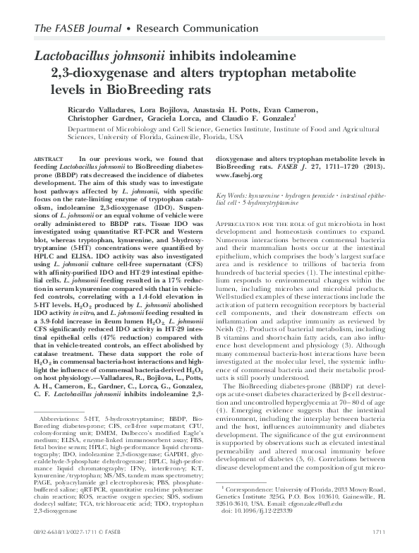 (PDF) Lactobacillus johnsonii inhibits indoleamine 2,3-dioxygenase and ...