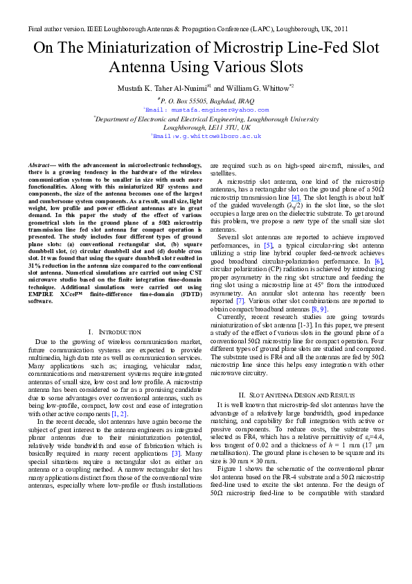 (PDF) On the miniaturization of microstrip line fed slot antenna using ...