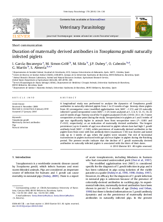 (PDF) Duration of maternally derived antibodies in Toxoplasma gondii ...