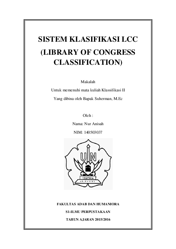 (PDF) SISTEM KLASIFIKASI LCC (LIBRARY OF CONGRESS CLASSIFICATION