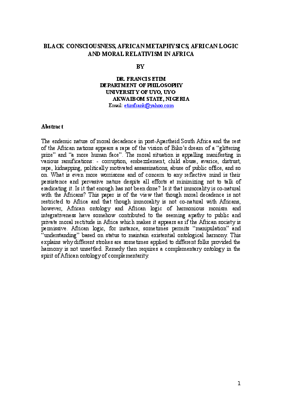(DOC) Black Consciousness, African Metaphysics, African Logic and Moral ...