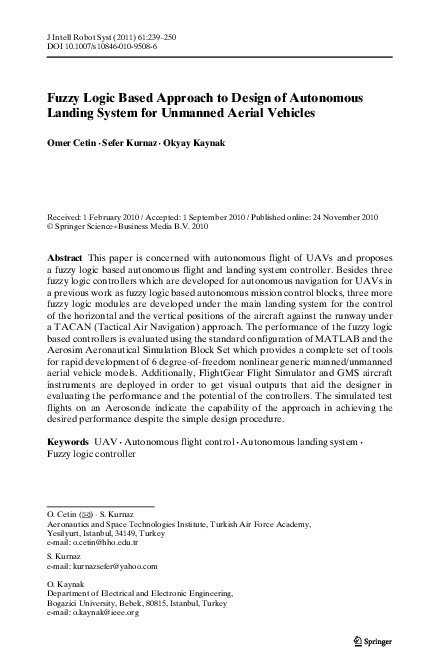 Pdf Fuzzy Logic Based Approach To Design Of Autonomous Landing System For Unmanned Aerial Vehicles