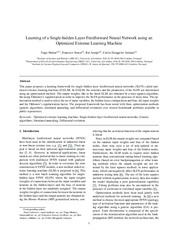 Pdf Learning Of A Single Hidden Layer Feedforward Neural Network Using An Optimized Extreme
