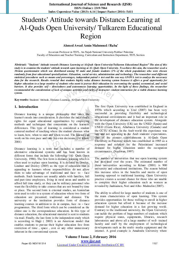 (PDF) Students Attitude towards Distance Learning at NOV161314