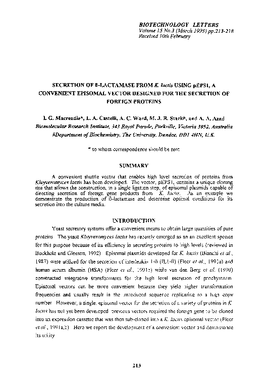 (PDF) Secretion of β-lactamase from K. lactis using pEPS1, a convenient ...