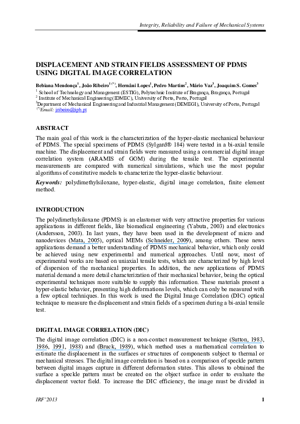 (PDF) DISPLACEMENT AND STRAIN FIELDS ASSESSMENT OF PDMS USING DIGITAL IMAGE CORRELATION