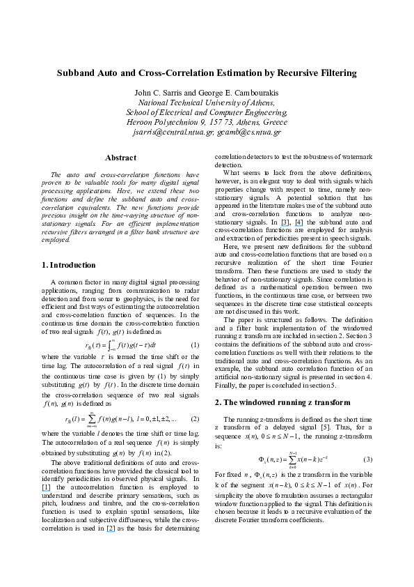 Pdf Subband Auto And Cross Correlation Estimation By Recursive Filtering