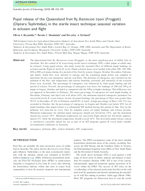 (PDF) Pupal release of the Queensland fruit fly, Bactrocera tryoni ...